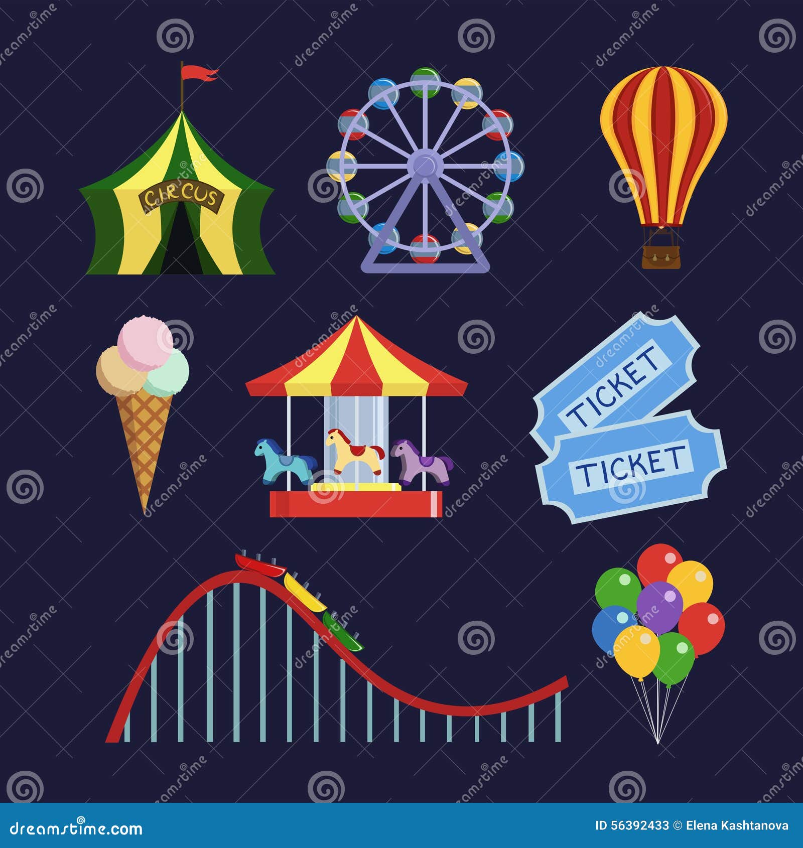 Amusement park icons set stock vector. Illustration of round - 56392433