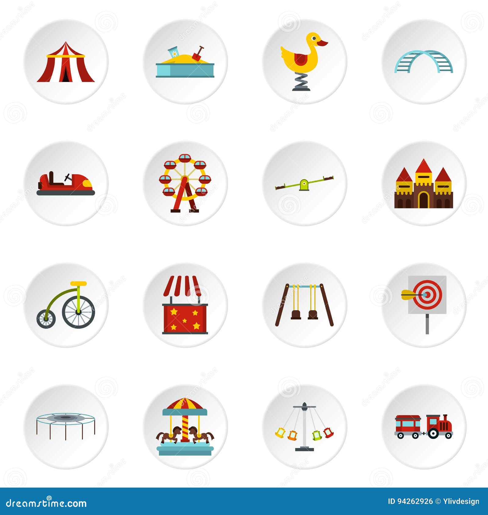 Amusement Park Icons Set, Flat Style Stock Vector - Illustration of ...