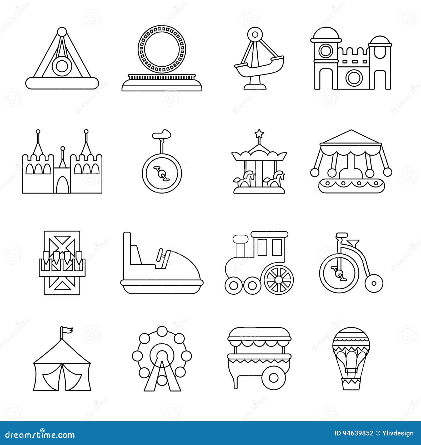Amusement Park Icons Set, Outline Style Stock Vector - Illustration of ...