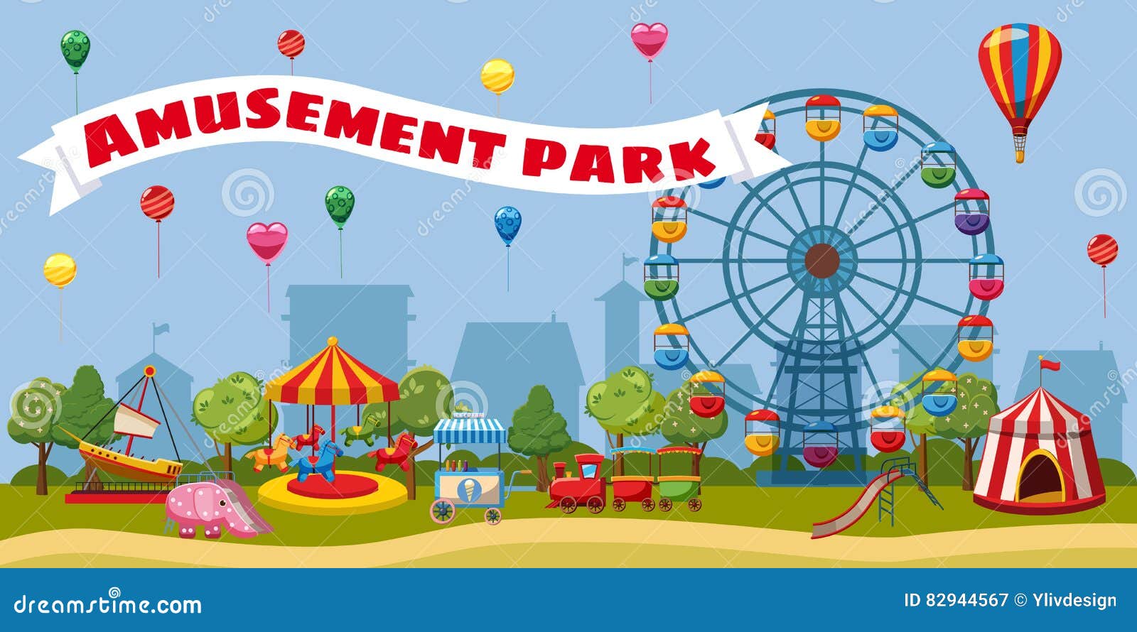 Amusement Park Landscape Concept, Cartoon Style Stock Vector ...
