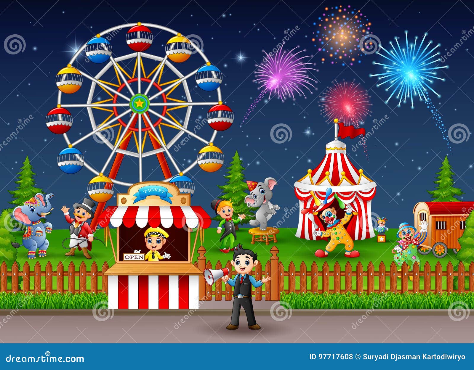Amusement Park Landscape at Night with Fireworks Stock Vector ...