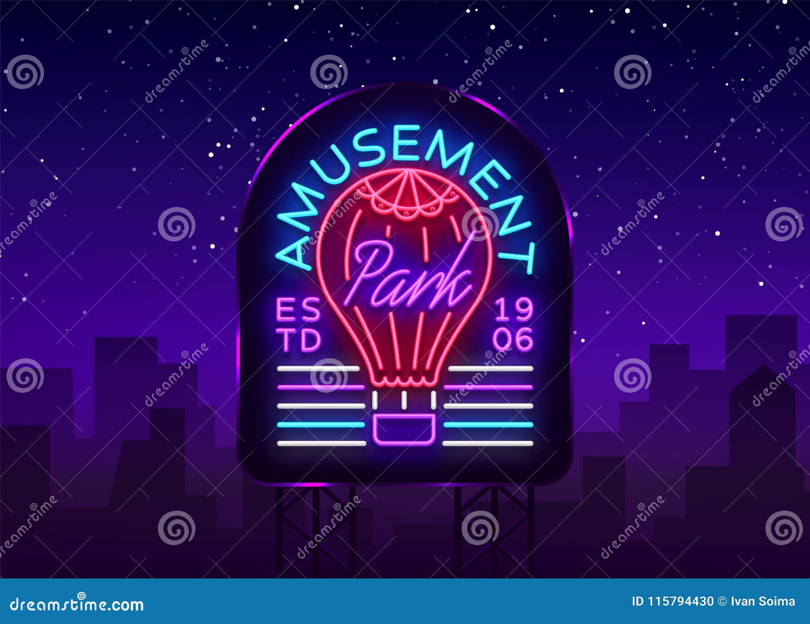 Amusement Park Logo in Neon Style. Design Template with a Balloon Stock ... Amusement Park Logo in Neon Style. Design Template with a Balloon Stock ...
