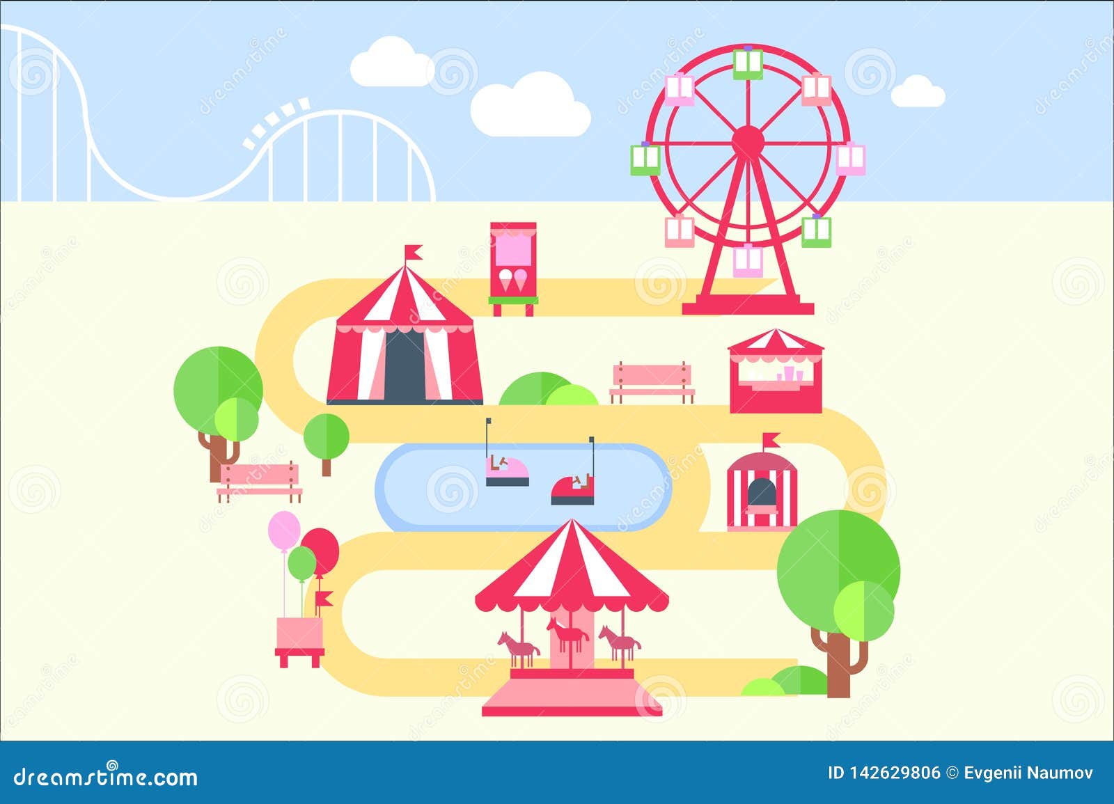 Amusement Park Map Infographic Elements, Attractions and Carousels ...