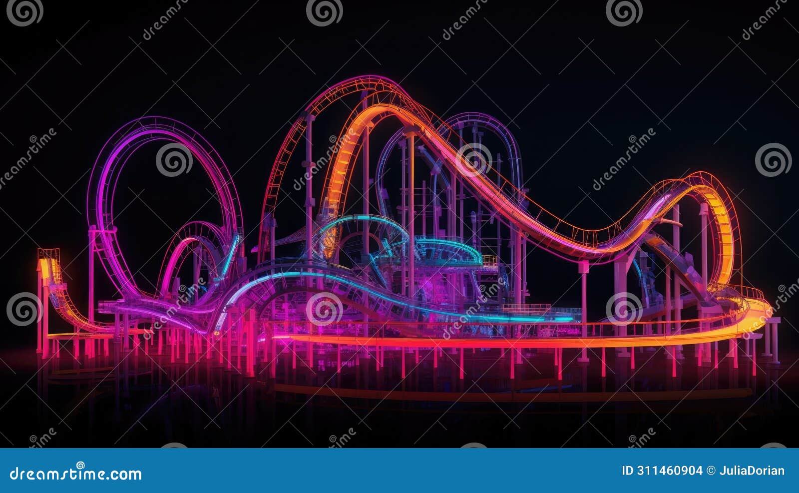 Amusement Park with Roller Coaster at Night with Bright Colorful Neon ...