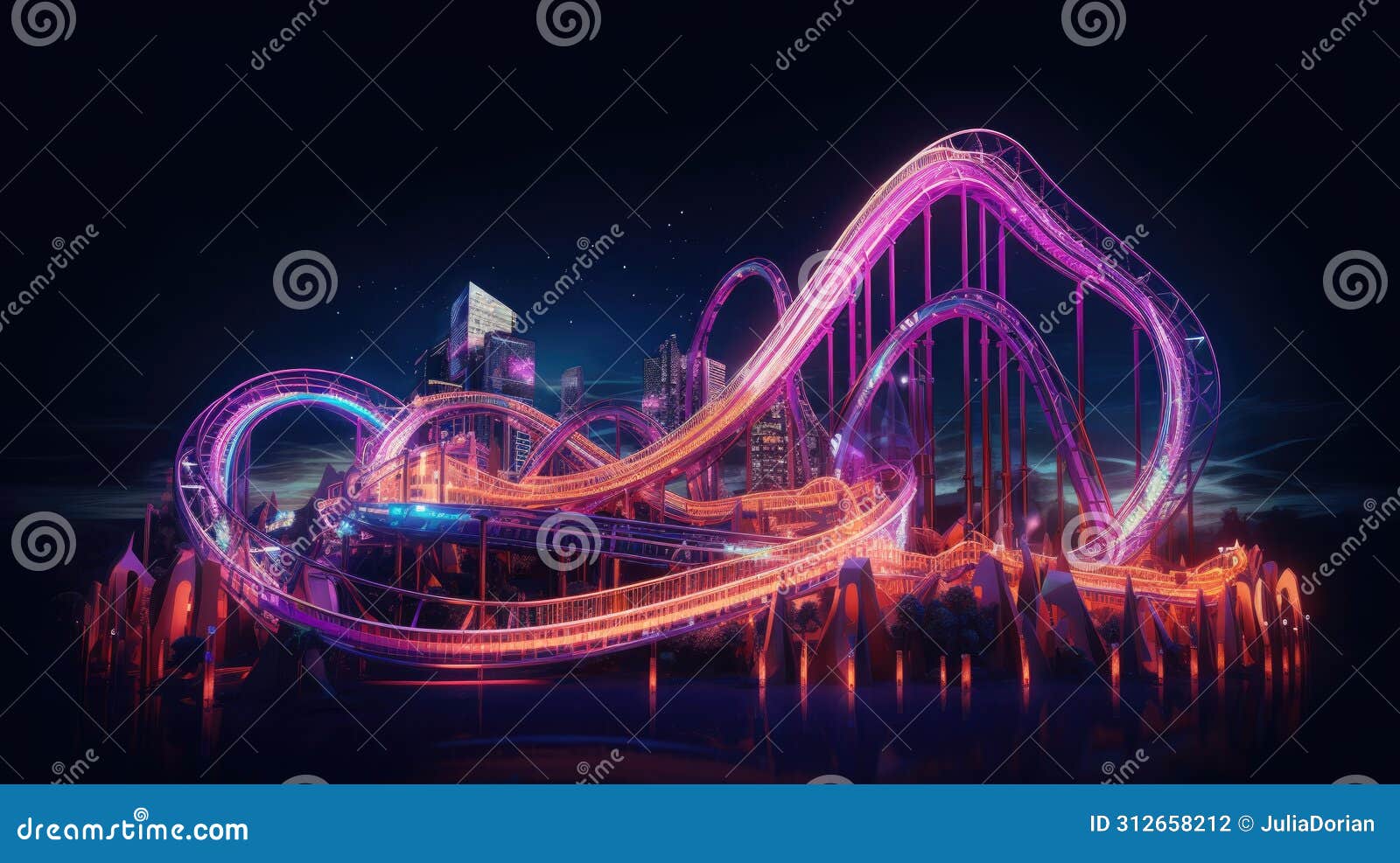 Amusement Park with Roller Coaster at Night with Bright Colorful Neon ...