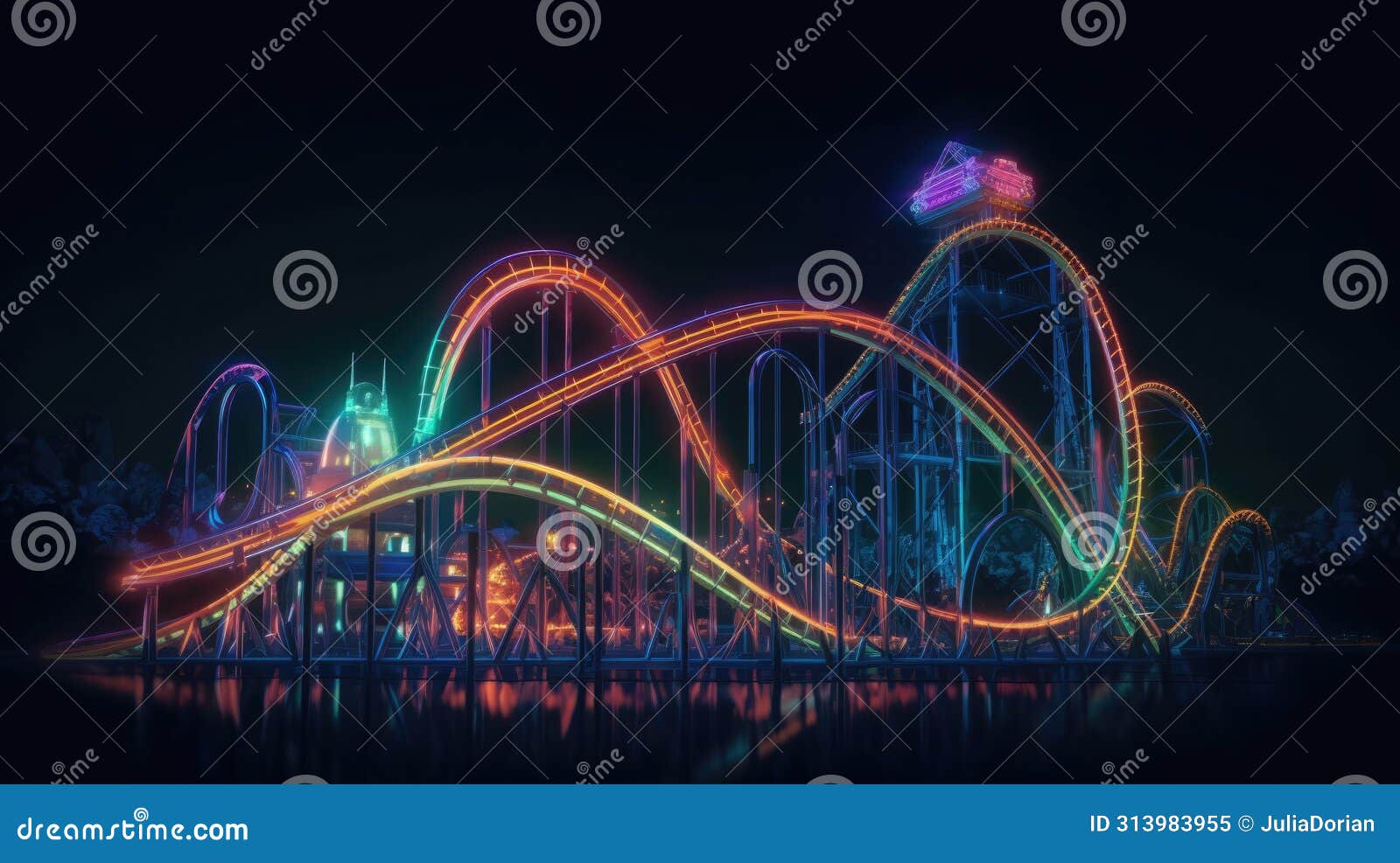 Amusement Park with Roller Coaster at Night with Bright Colorful Neon ...