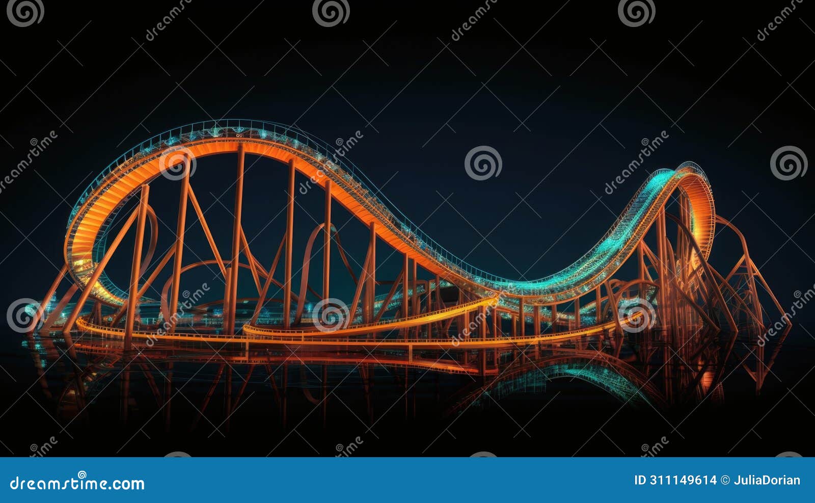 Amusement Park with Roller Coaster at Night with Bright Colorful Neon ...