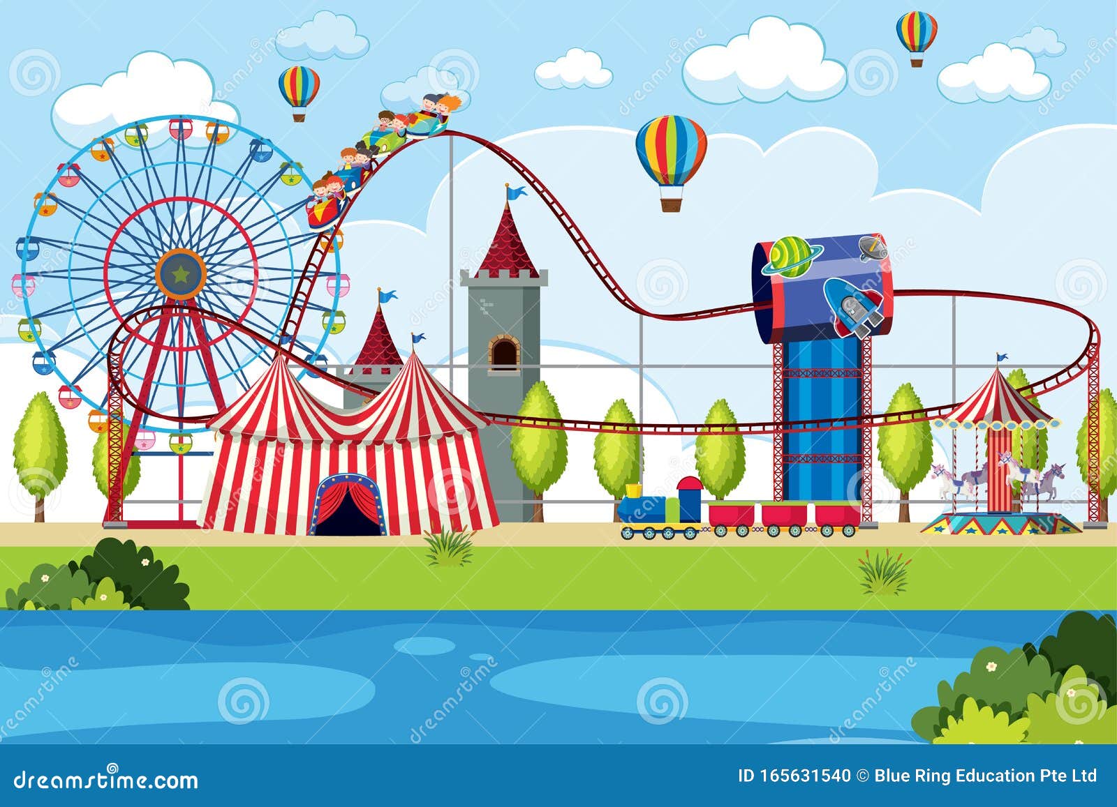 Amusement Park Scene with Many Rides Stock Illustration - Illustration ...