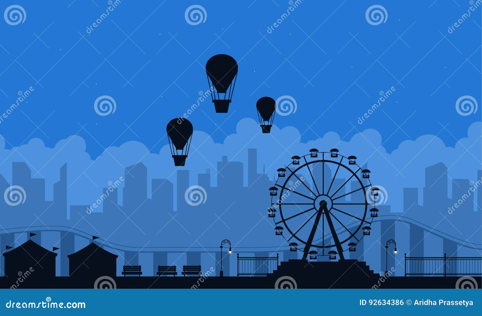 Amusement Park Scnery On Blue Background Silhouette Vector Illustration ...
