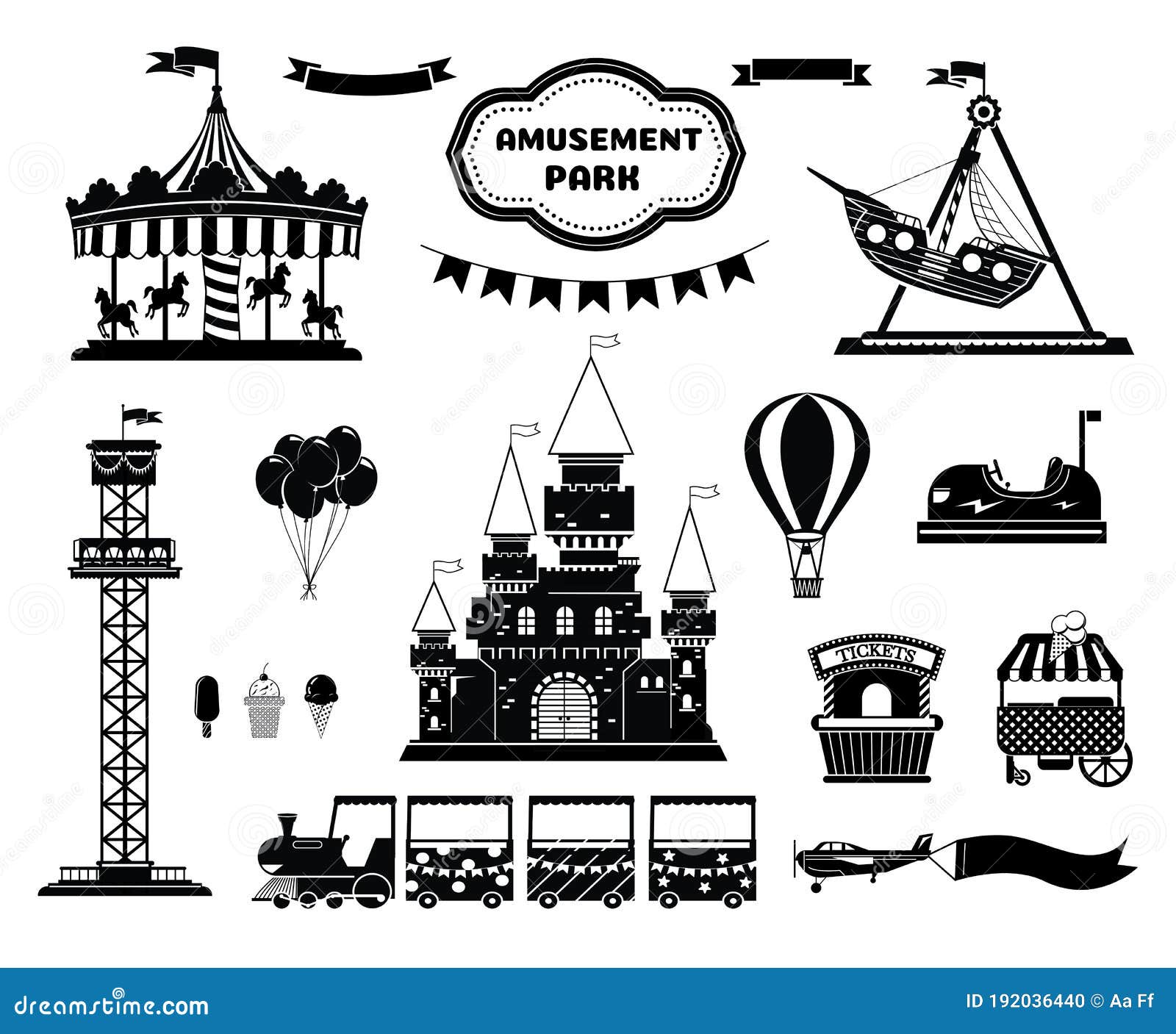 Amusement Park Silhouette Icons Set. Carnival Funfair and Ferris Wheel ... Amusement Park Silhouette Icons Set. Carnival Funfair and Ferris Wheel ...