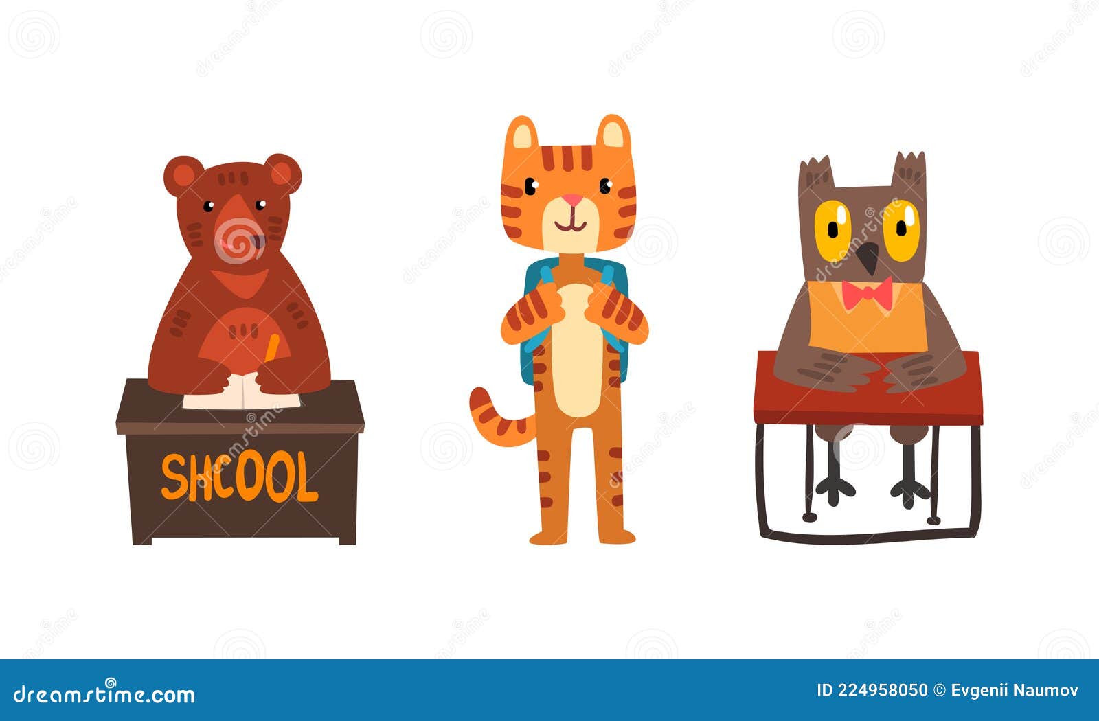 Amusing Animals Learning at School Set, Bear, Cat and Owl at Lesson ...