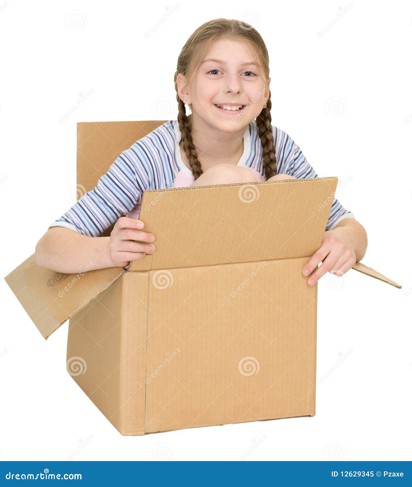 Amusing Little Girl Sits in Cardboard Box Stock Image - Image of ...