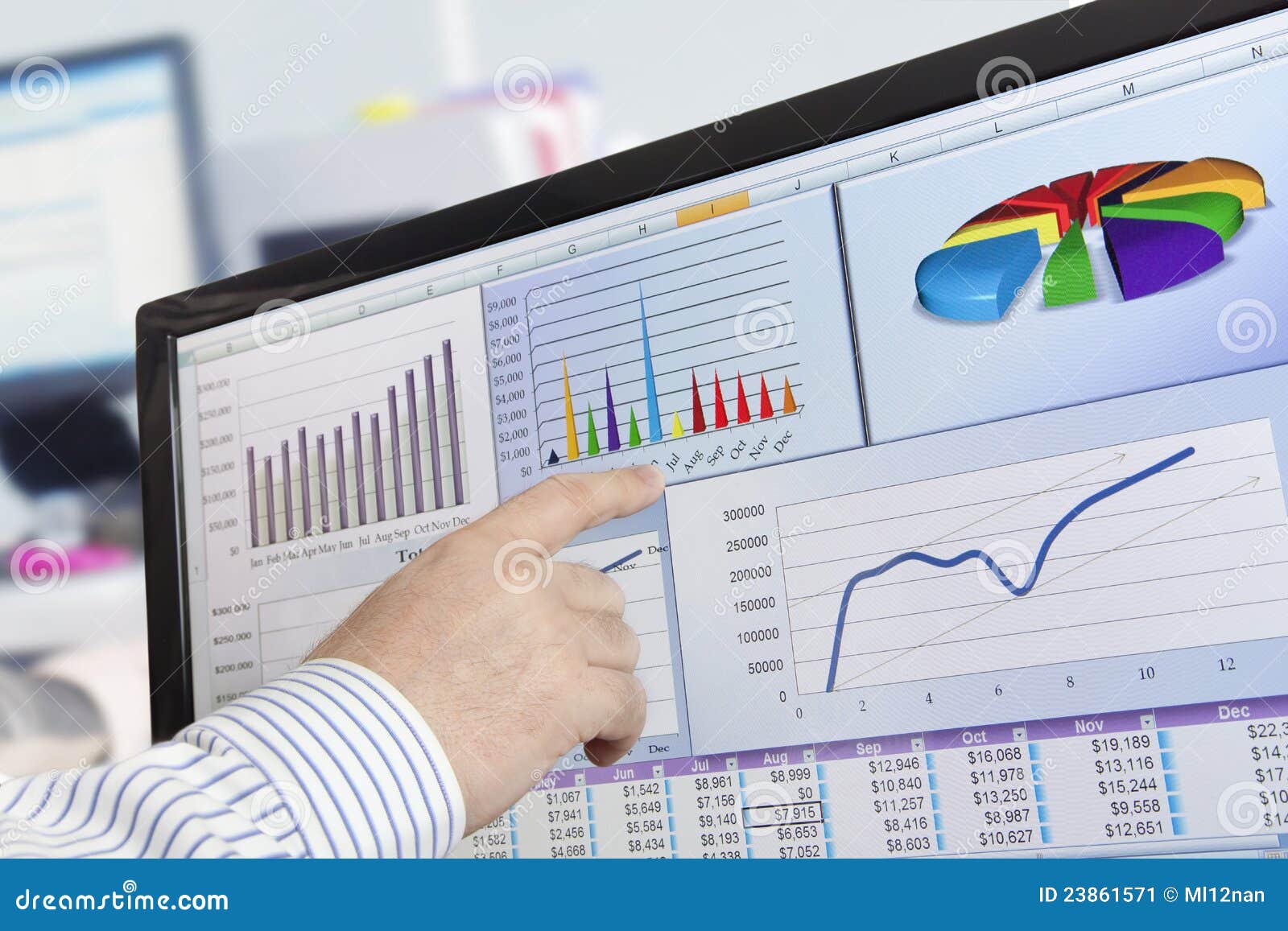 Analizing data on computer stock image. Image of hand - 23861571
