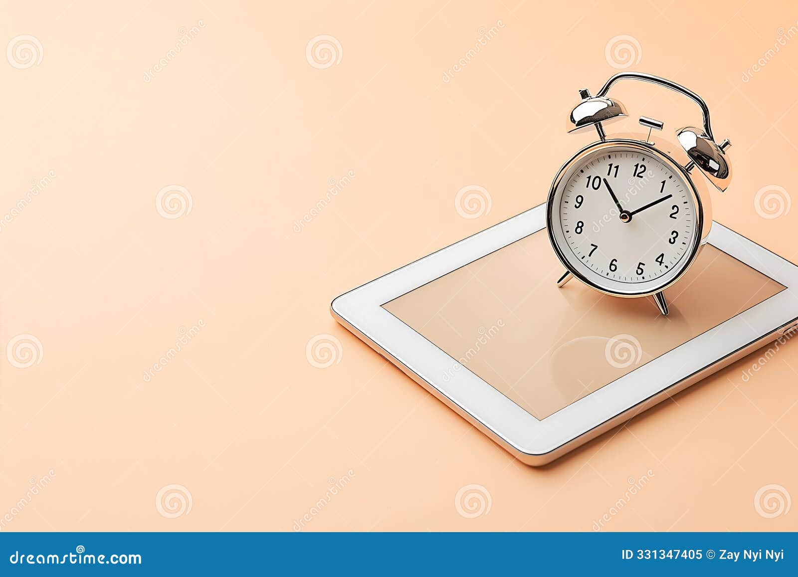 An Analog Alarm Clock Stands on a Digital Tablet, Symbolizing Screen ...