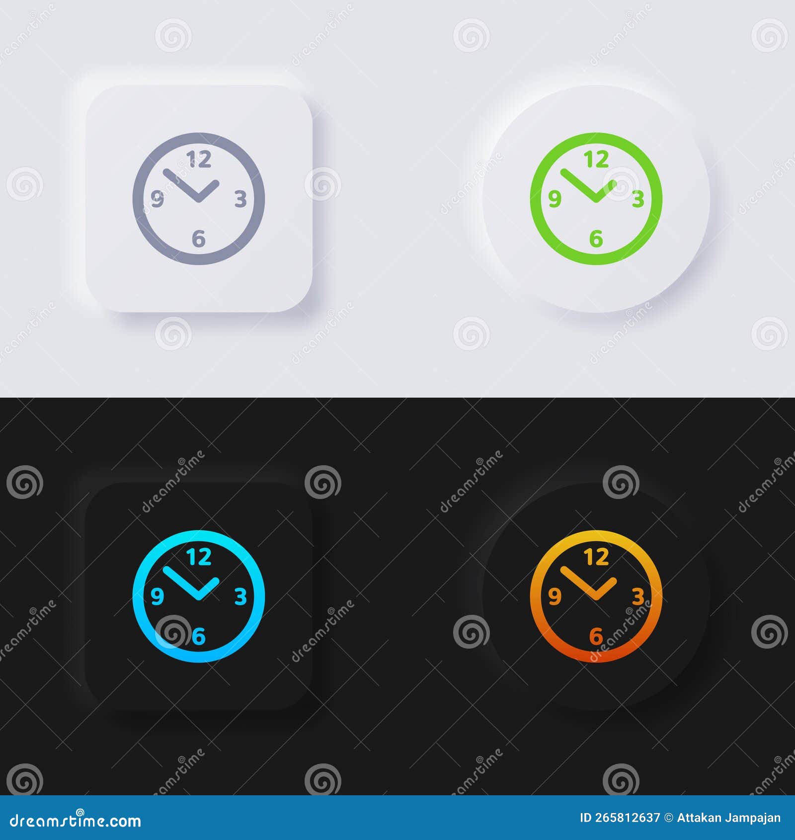Analog Clock Icon Set, Multicolor Neumorphism Button Soft UI Design ...