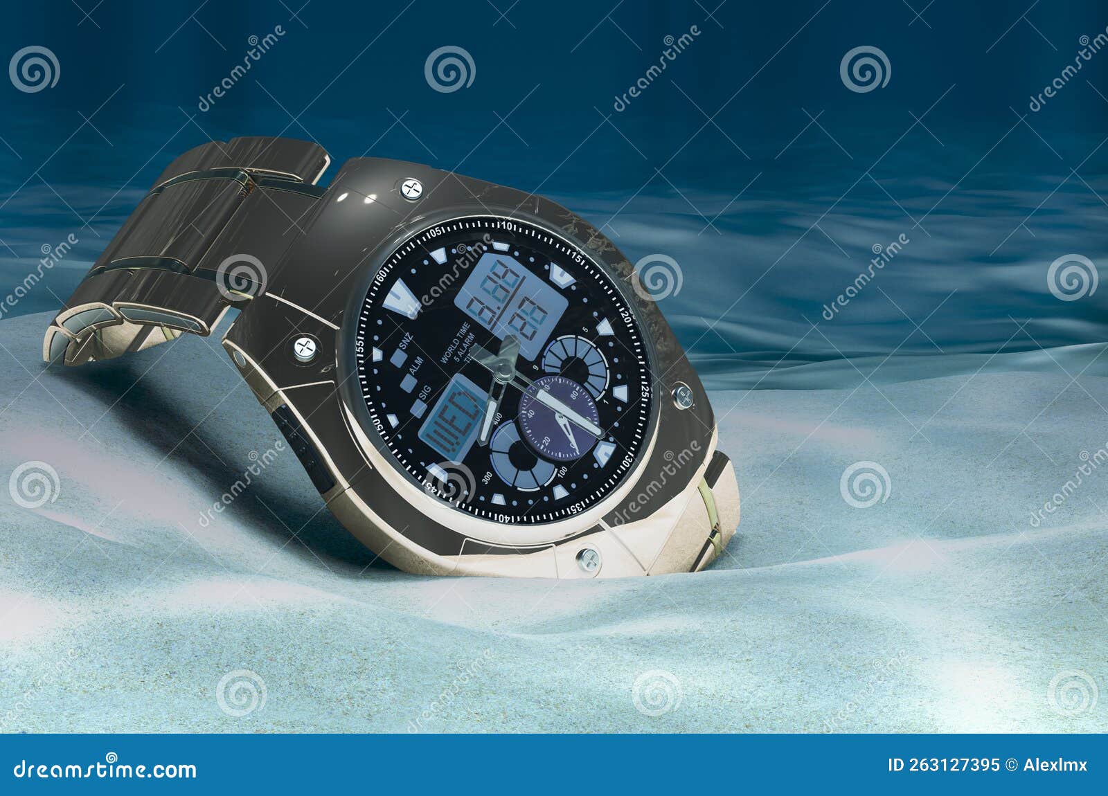 Analog Digital Wrist Watch for Men on Ocean Bottom Underwater, 3D ...