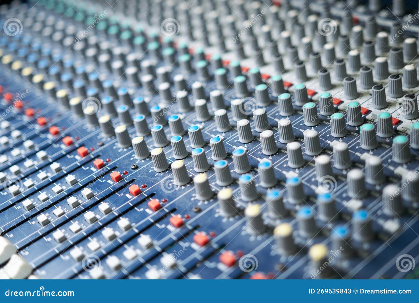 Analog Studio Sound Mixer Closeup With Laptop And Sound Wave Form In ...