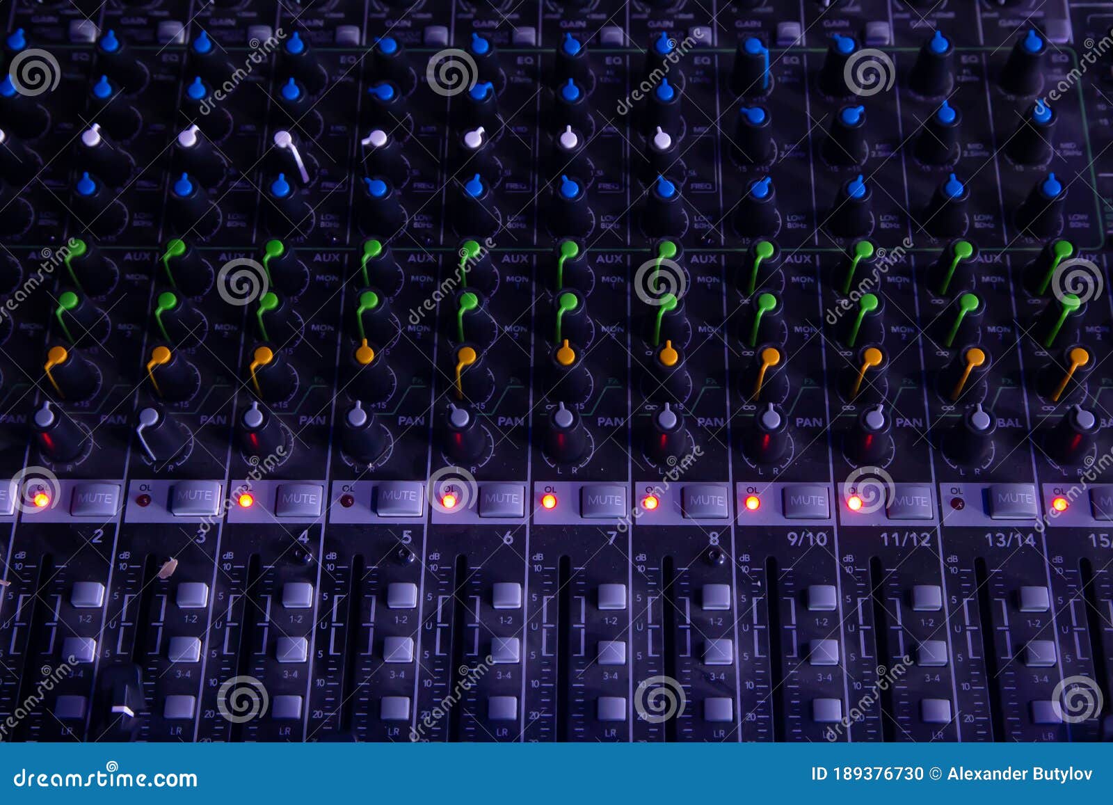 Analog Studio Sound Mixer Closeup With Laptop And Sound Wave Form In ...