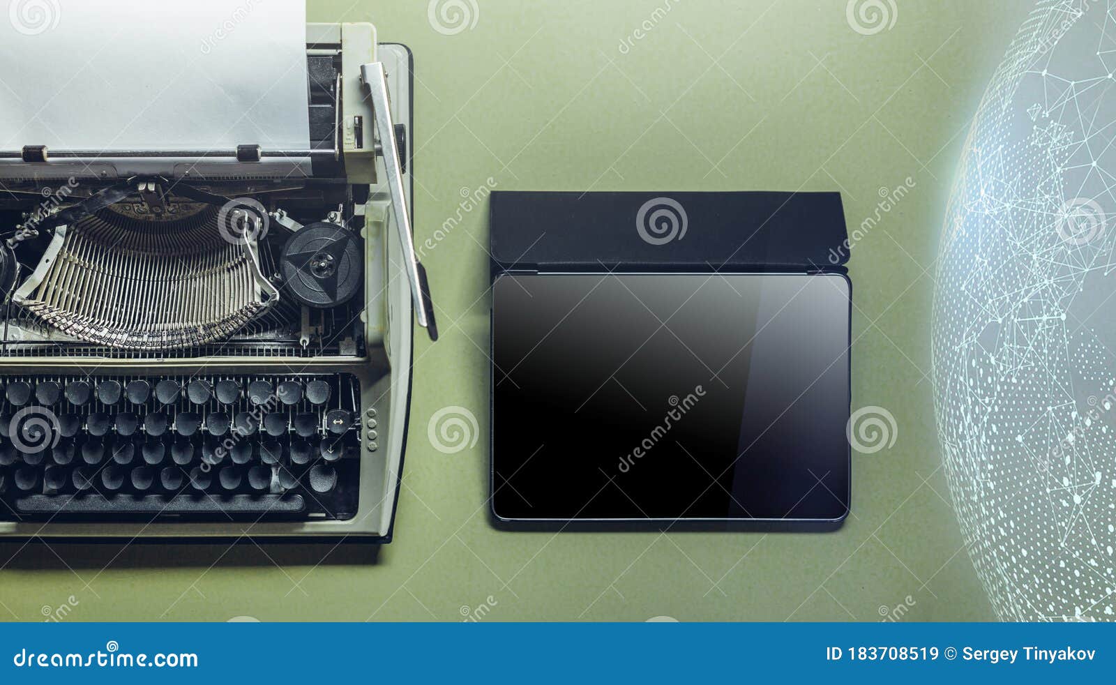 Analog Typewriter, Tablet, Global Network and Cloud Storage on Green ...