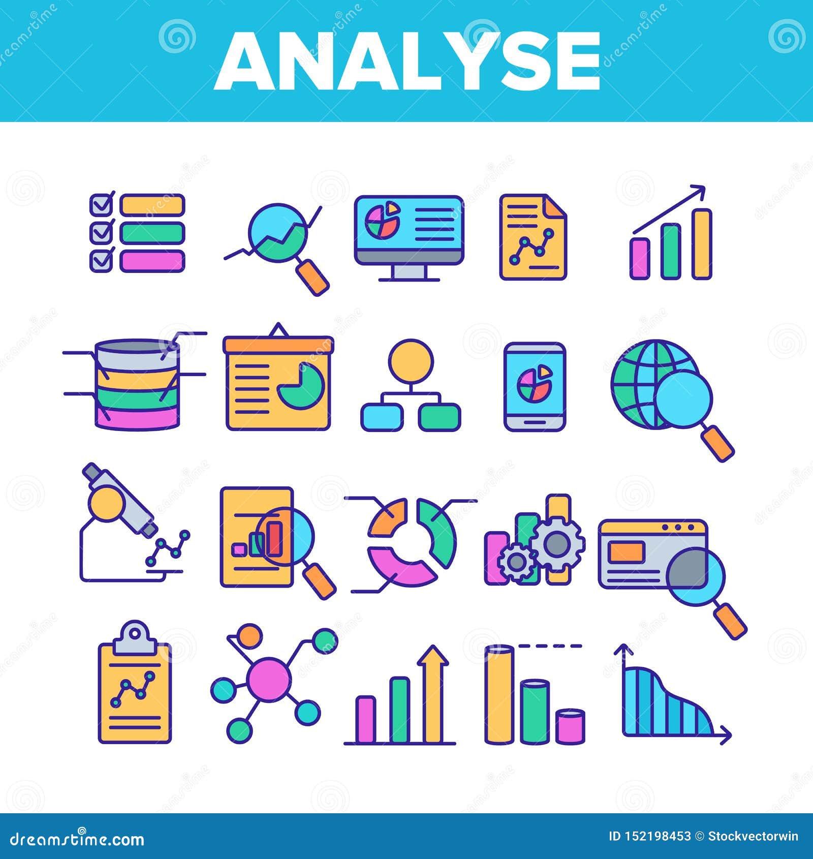Analysing Data Vector Color Line Icons Set Stock Vector - Illustration ...