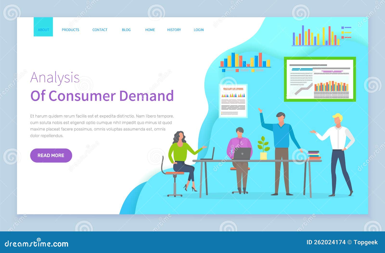 Analysis of Consumer Demand Website Vector. Workers with Laptop Discuss ...