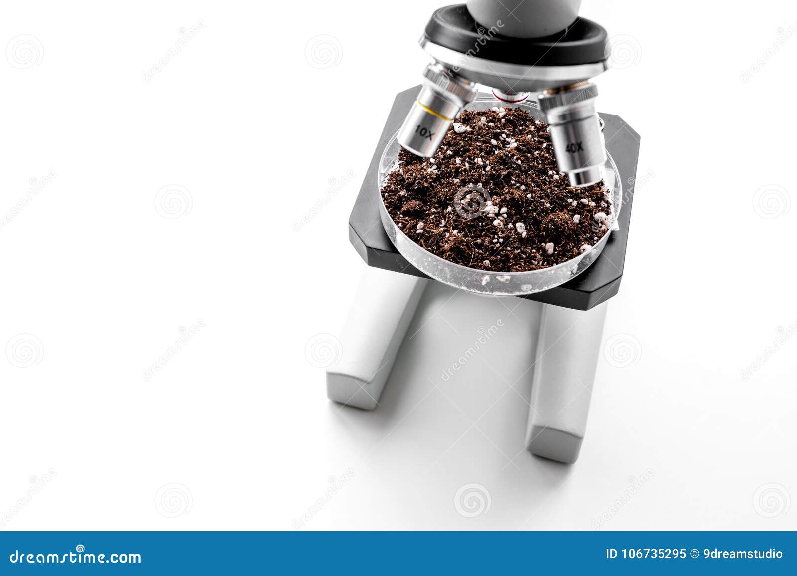 Analysis Process. Soil Under Microscope On White Background Copyspace ...