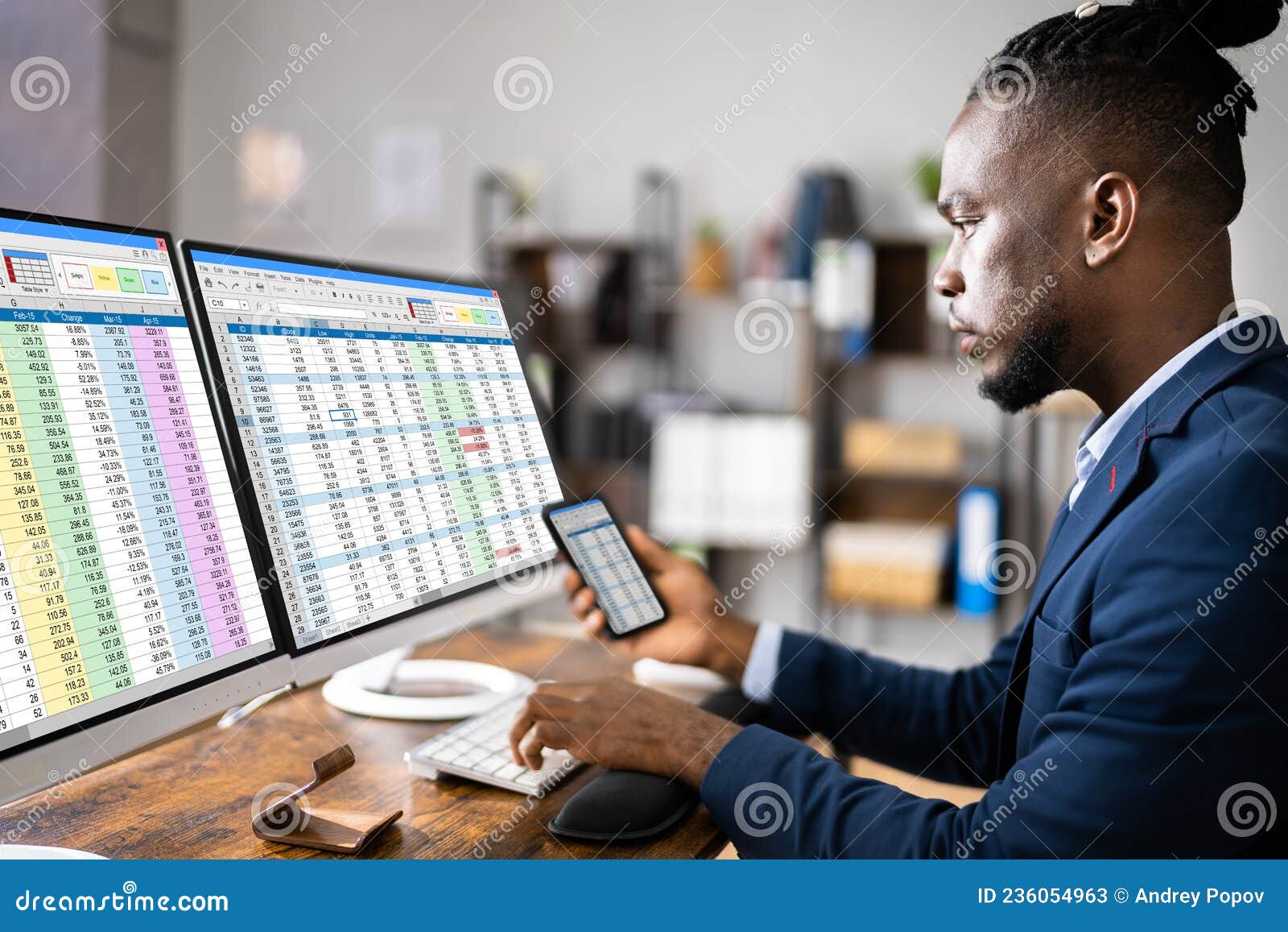 Analyst Employee Using Spreadsheet Stock Image - Image of smartphone ...