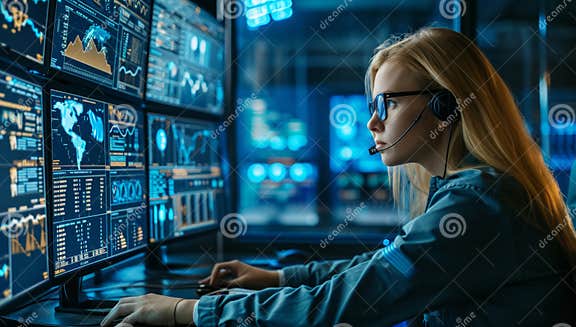 Analyst Monitoring Data on Multiple Computer Screens Stock Illustration ...