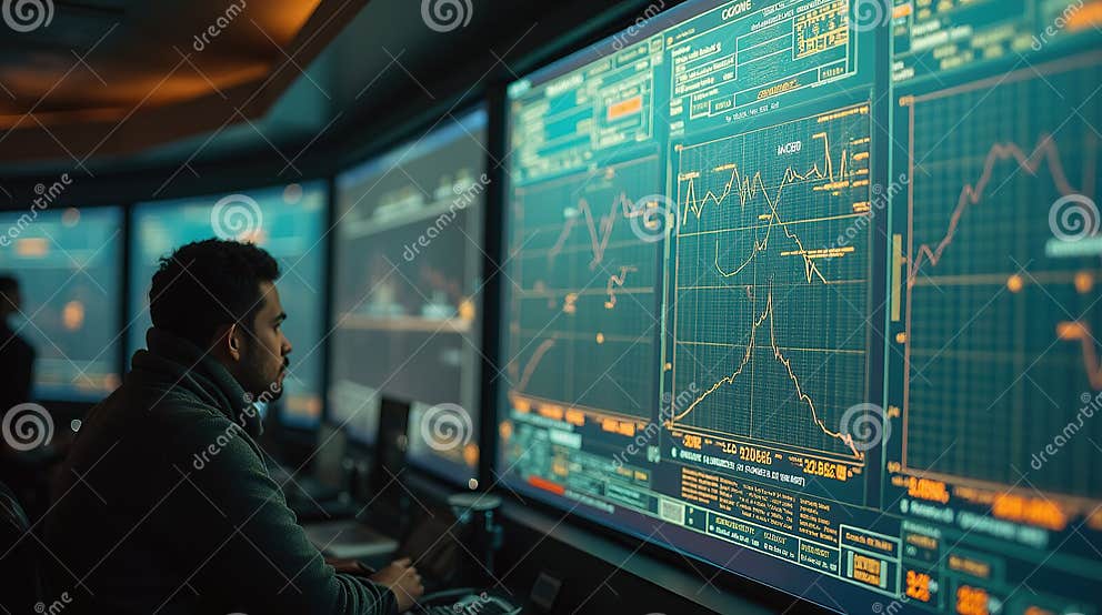 Analyst Observing Data Trends on Multiple Screens in a Control Room Stock Illustration ...