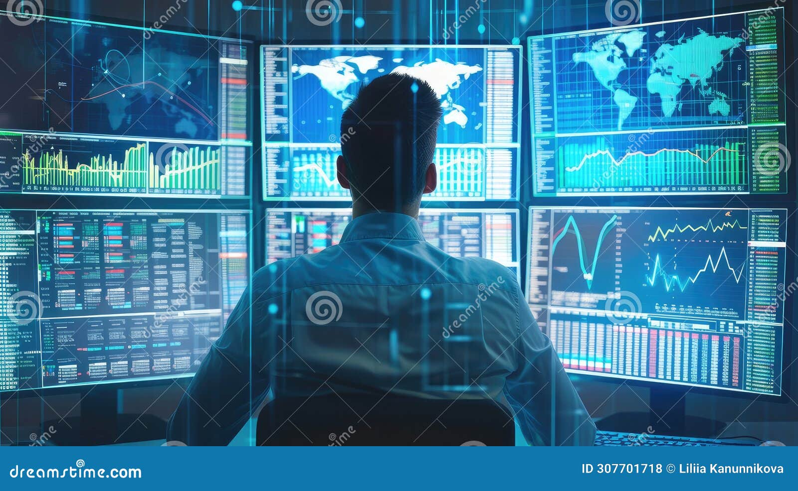 An Analyst Sitting in Front of Multiple Computer Screens, Immersed in ...