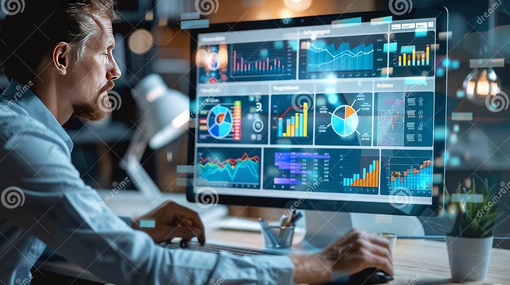 Analyst Uses a Computer and Dashboard for Data Business Analysis and Data Management System ...