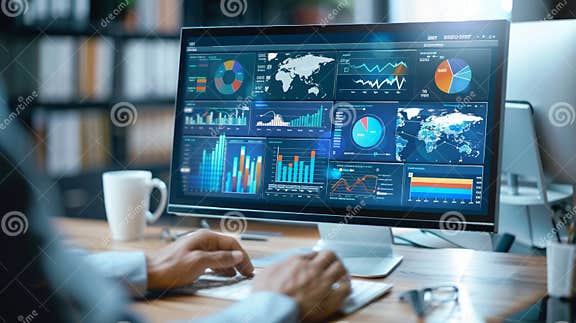 Analyst Uses a Computer and Dashboard for Data Business Analysis and Data Management System ...