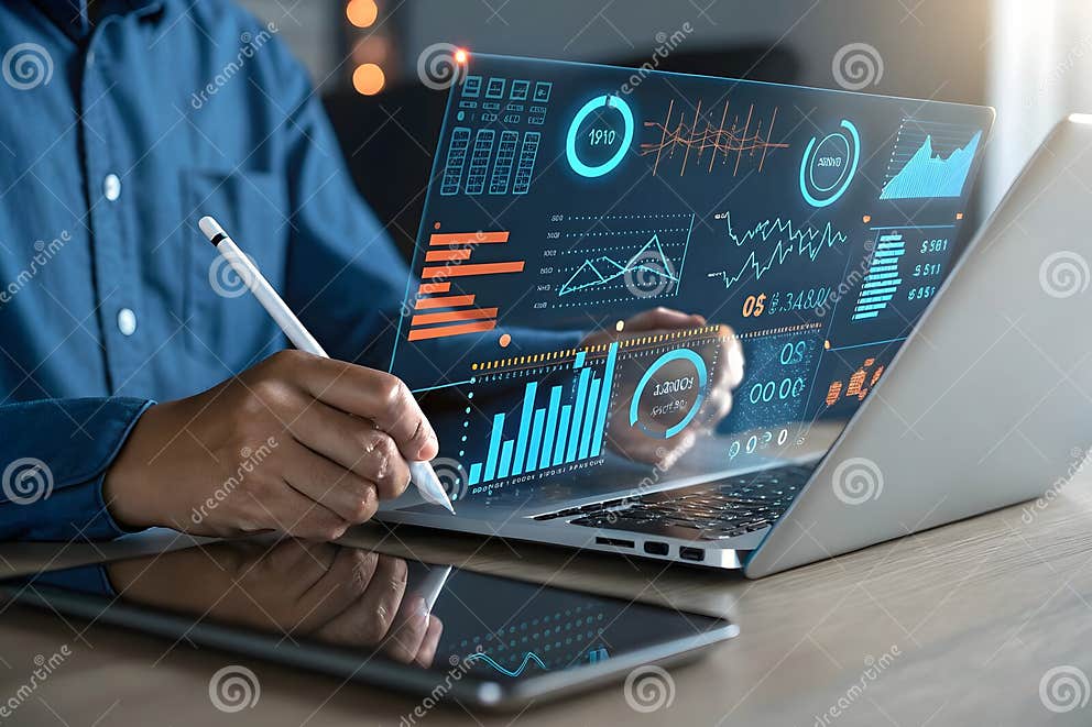 An Analyst Uses a Computer and Dashboard for Data Business Analysis and Data Management System ...