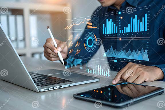 An Analyst Uses a Computer and Dashboard for Data Business Analysis and Data Management System ...