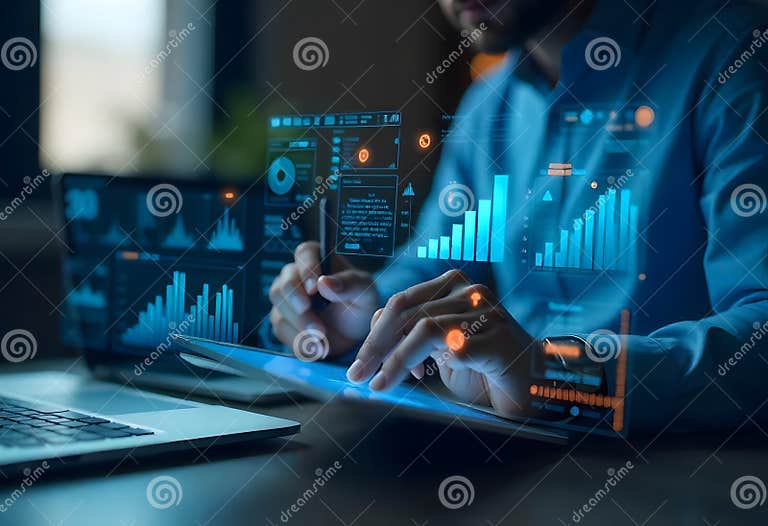 An Analyst Uses a Computer and Dashboard for Data Business Analysis and Data Management System ...