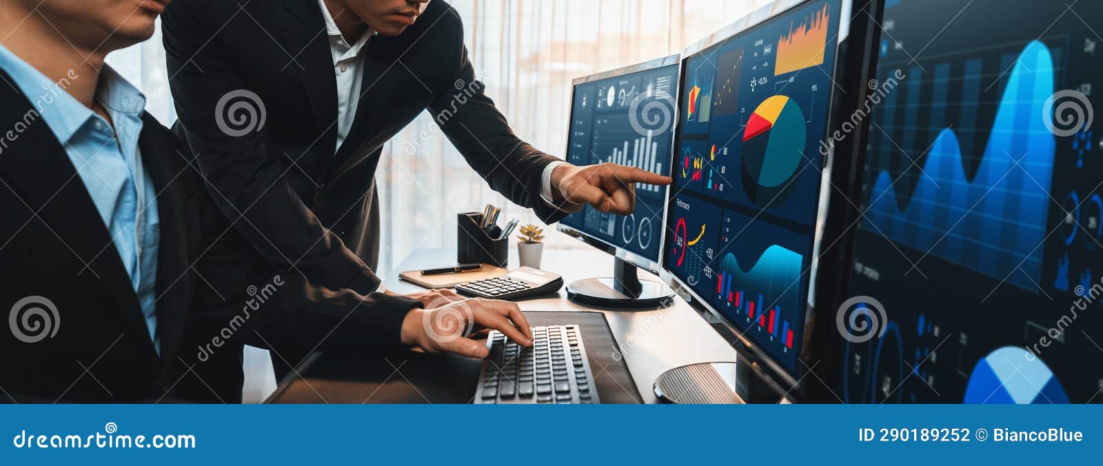 Analyst Working on BI Dashboard on Computer Monitor. Trailblazing Stock Photo - Image of dark ...