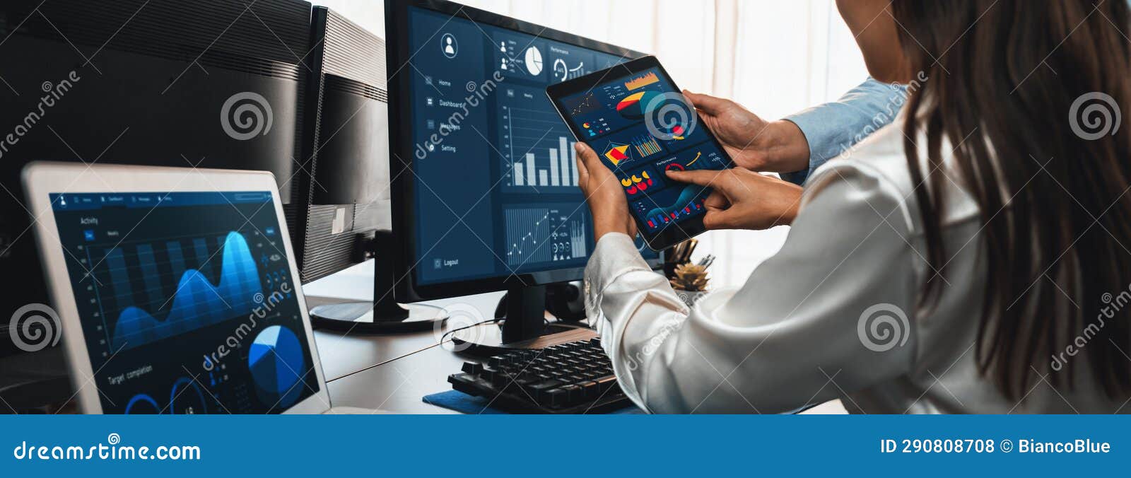 Analyst Working on BI Dashboard on Computer Monitor. Trailblazing Stock Photo - Image of ...