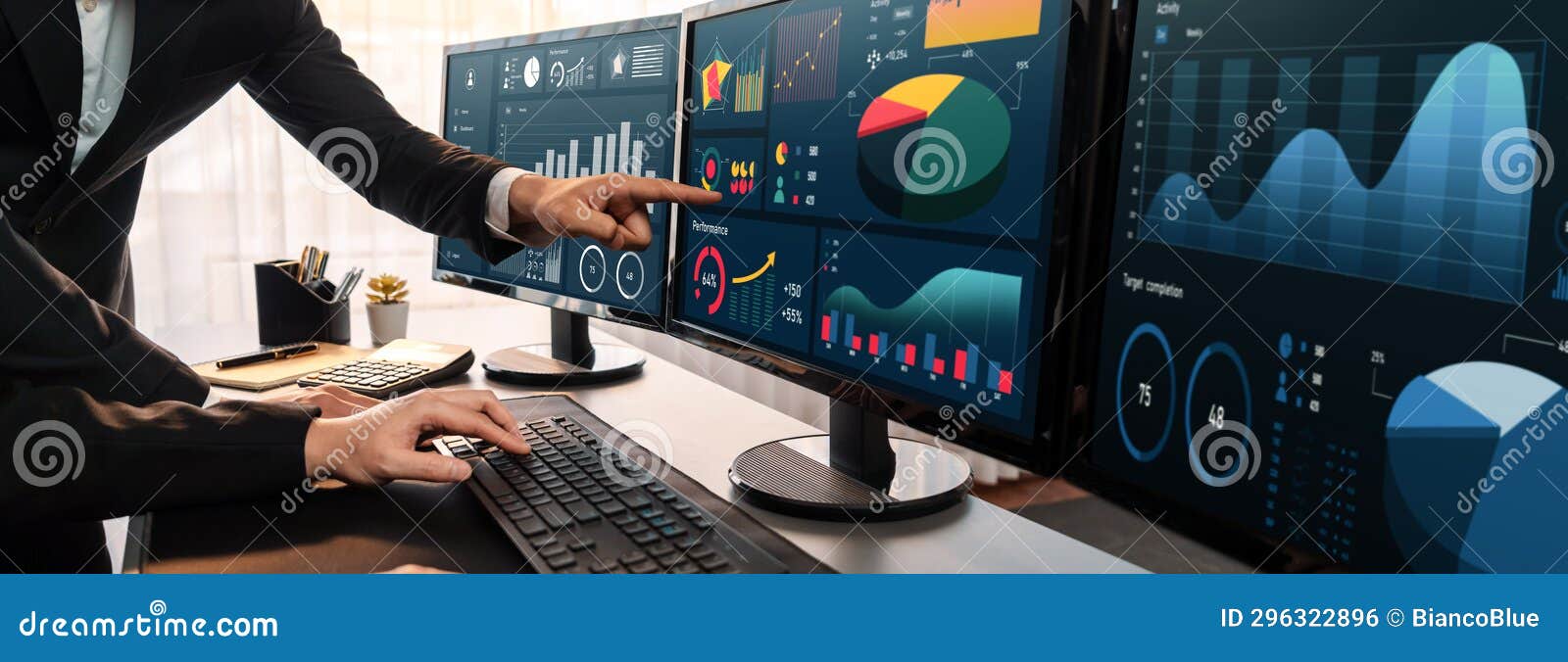 Analyst Working on BI Dashboard on Computer Monitor. Trailblazing Stock Photo - Image of ...