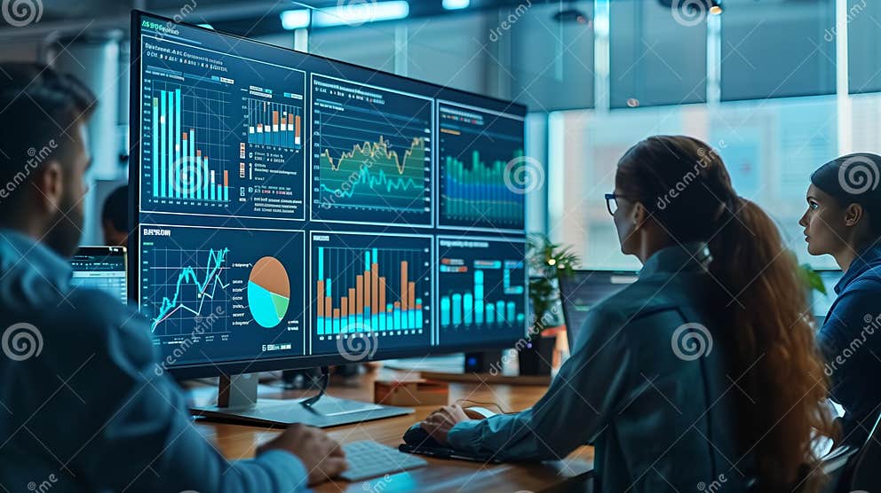 Analysts Working in Front of Financial Data Screens Stock Illustration ...