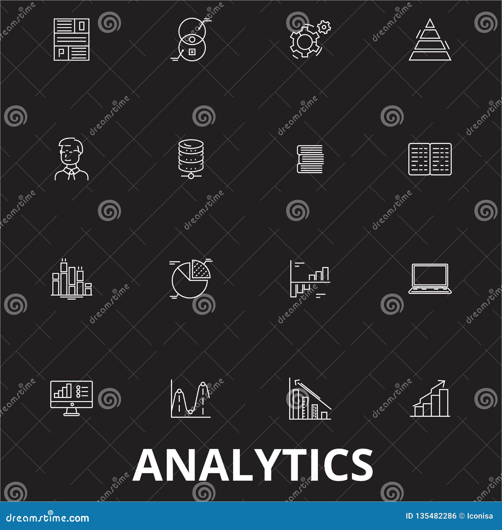 Analytics Editable Line Icons Vector Set on Black Background. Analytics ...