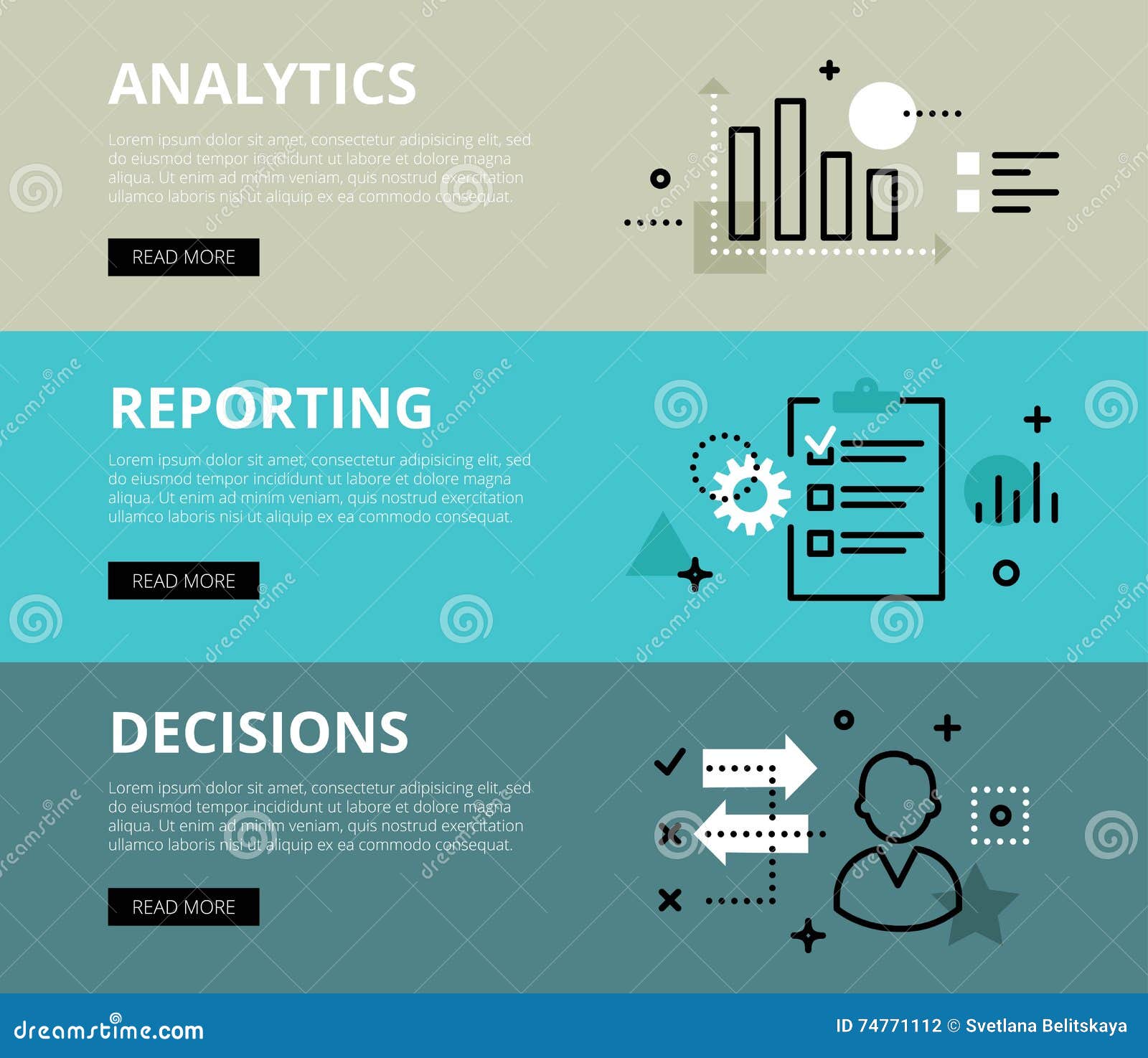 Analytics. Reporting. Decisions. Web Banners Set Stock Illustration ...