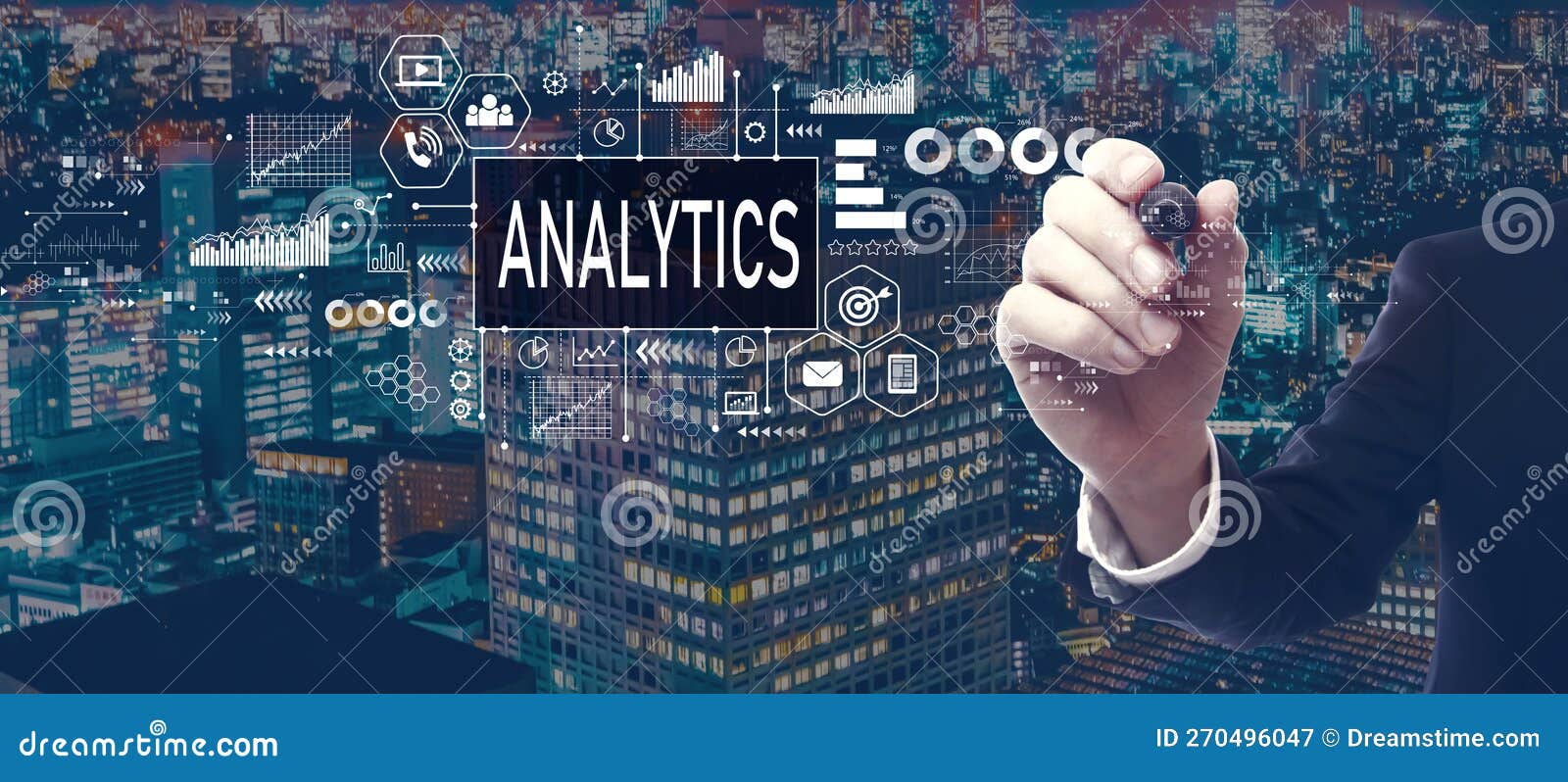 Analytics Theme with Businessman in City at Night Stock Image - Image ...