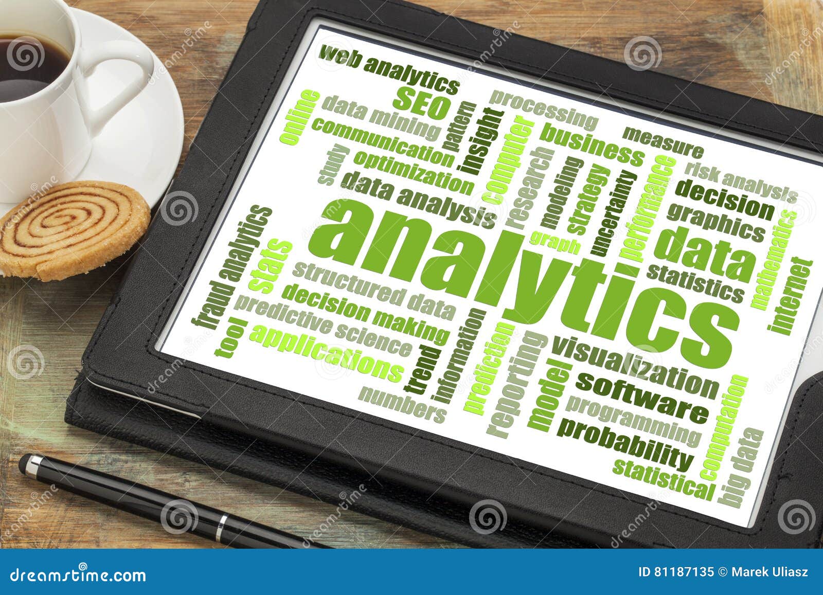 Analytics Word Cloud on Digital Tablet Stock Image - Image of software ...