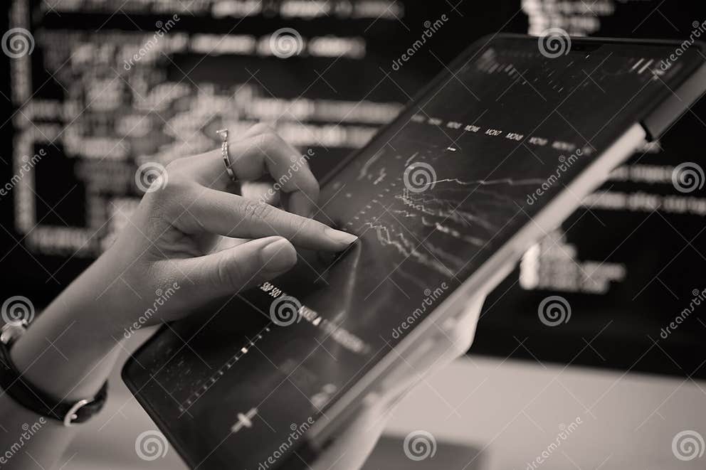 Analyzing Data on Tablet Using High-Tech Tools Stock Photo - Image of ...