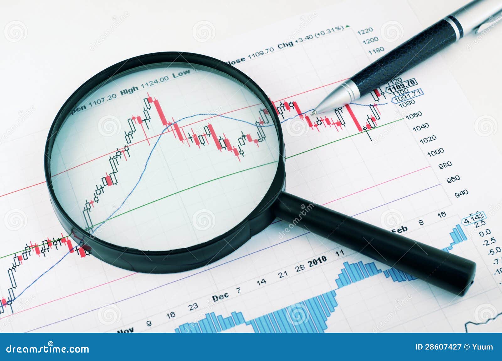 Analyzing the stock market stock image. Image of magnification - 28607427