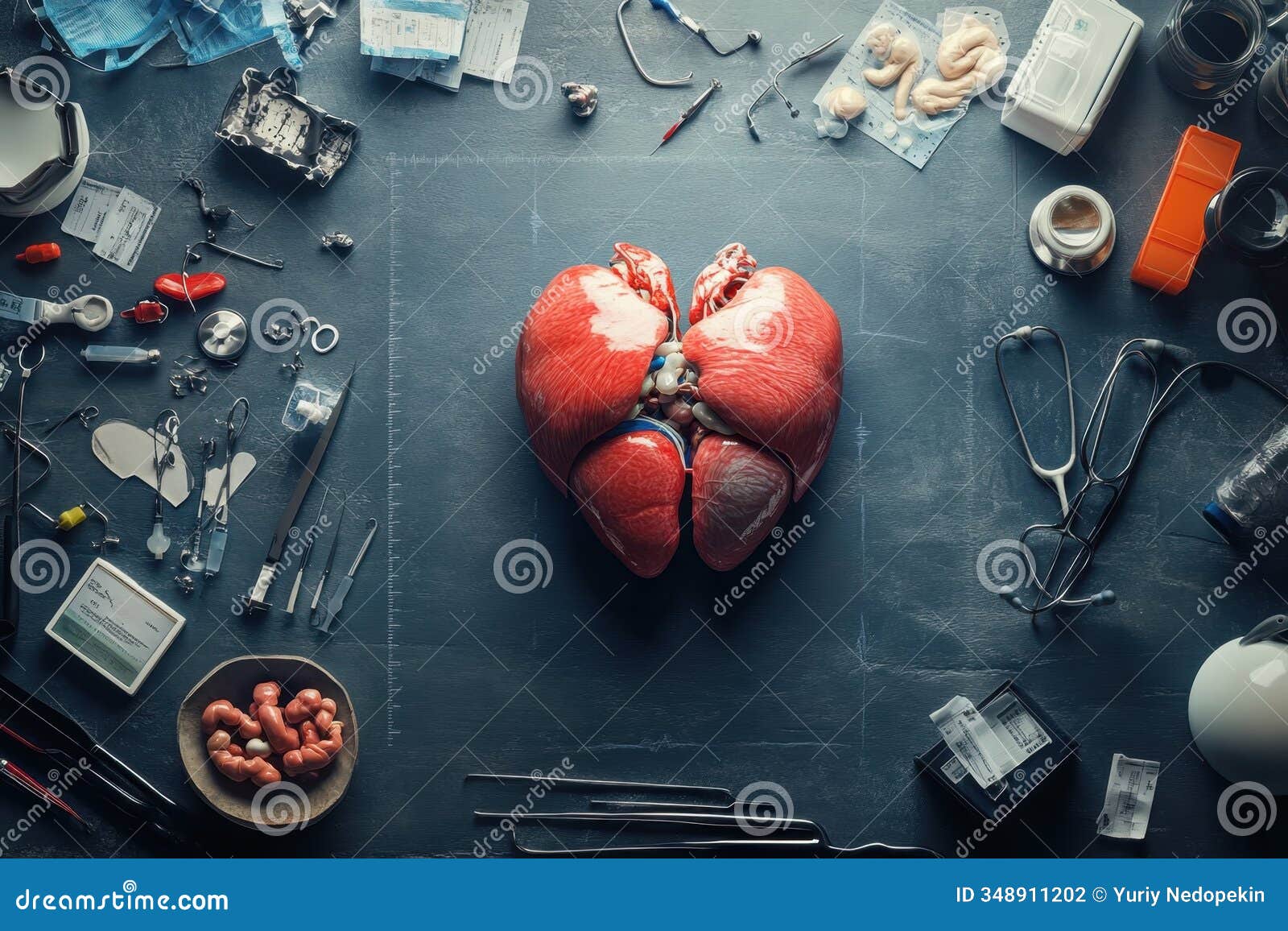 Anatomical Display of Human Lungs with Medical Instruments Arranged on ...