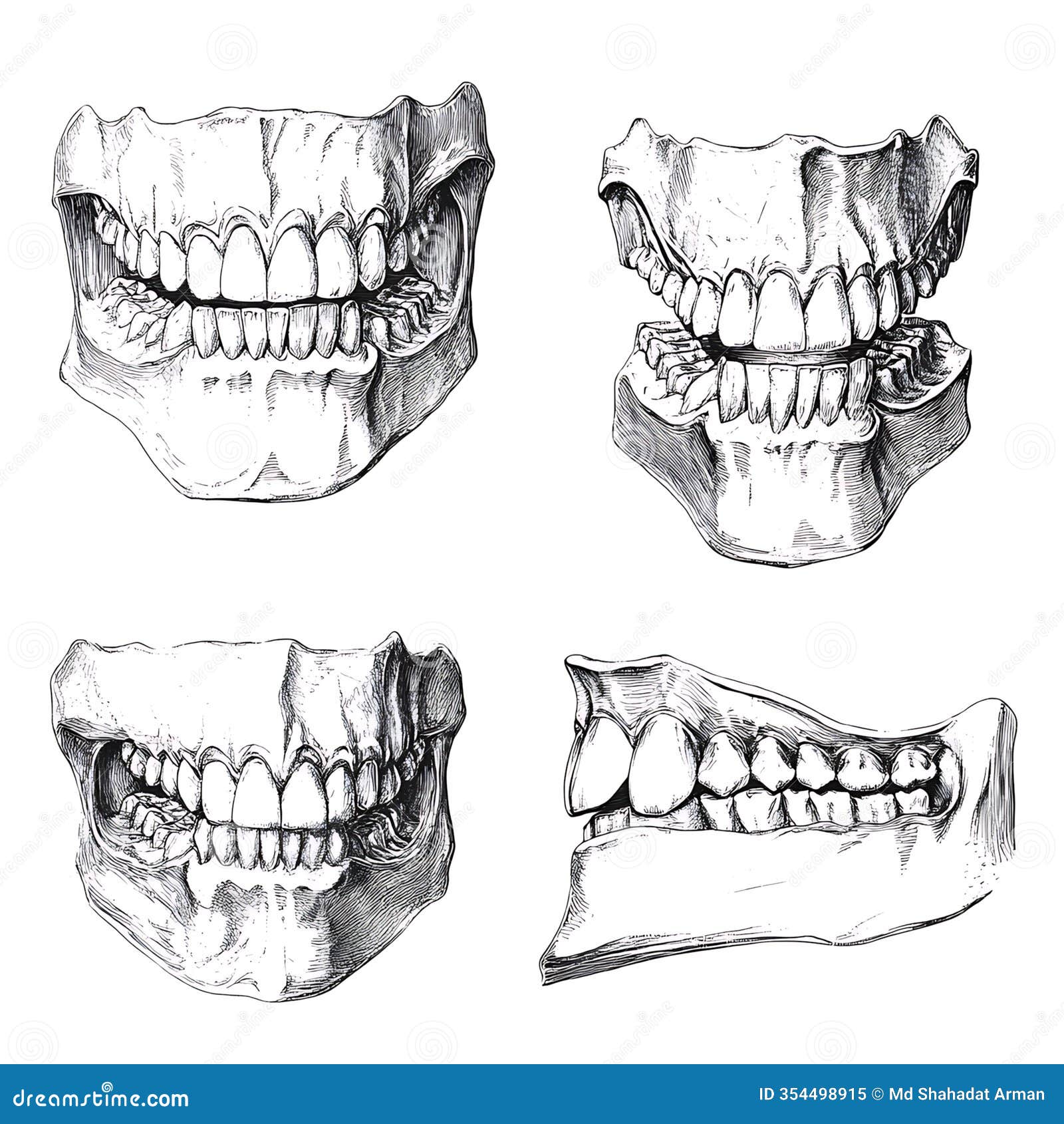 Anatomical Drawings of Human Jaws and Teeth, Showcasing Various ...