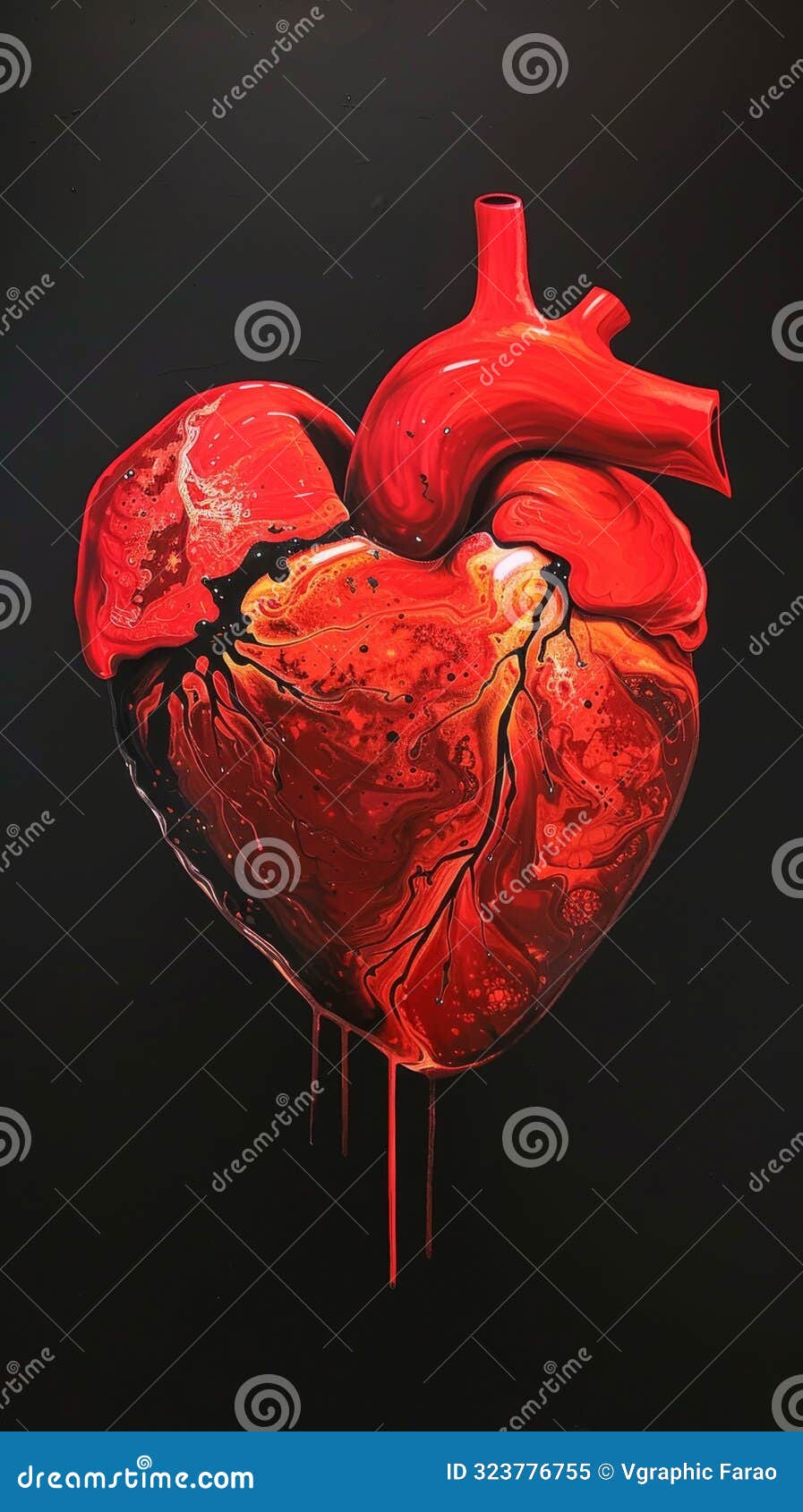 Anatomical Heart Painting with Dripping Effect on Black Background ...