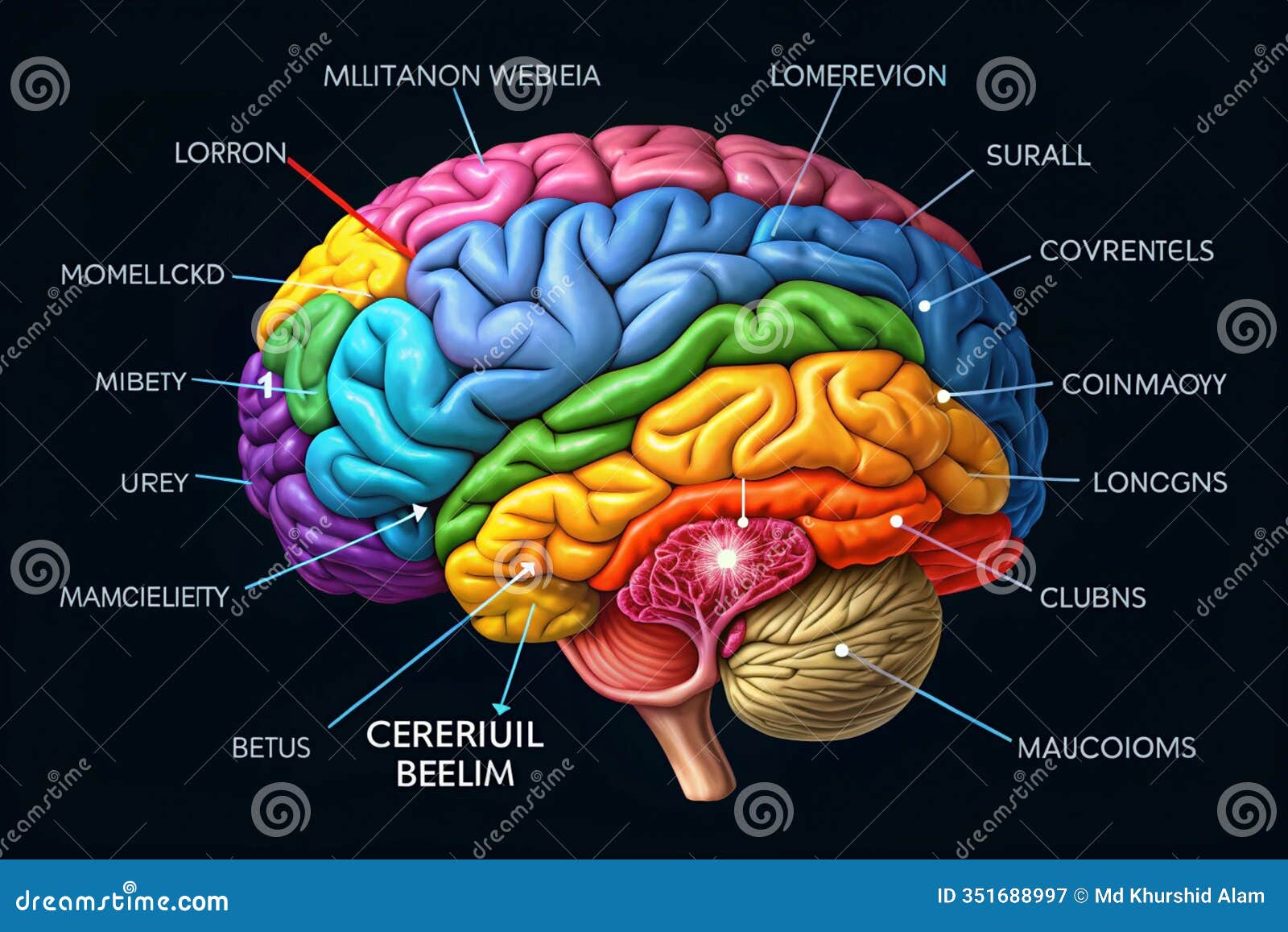 Anatomical Illustration of the Human Brain with Labeled Regions for ...