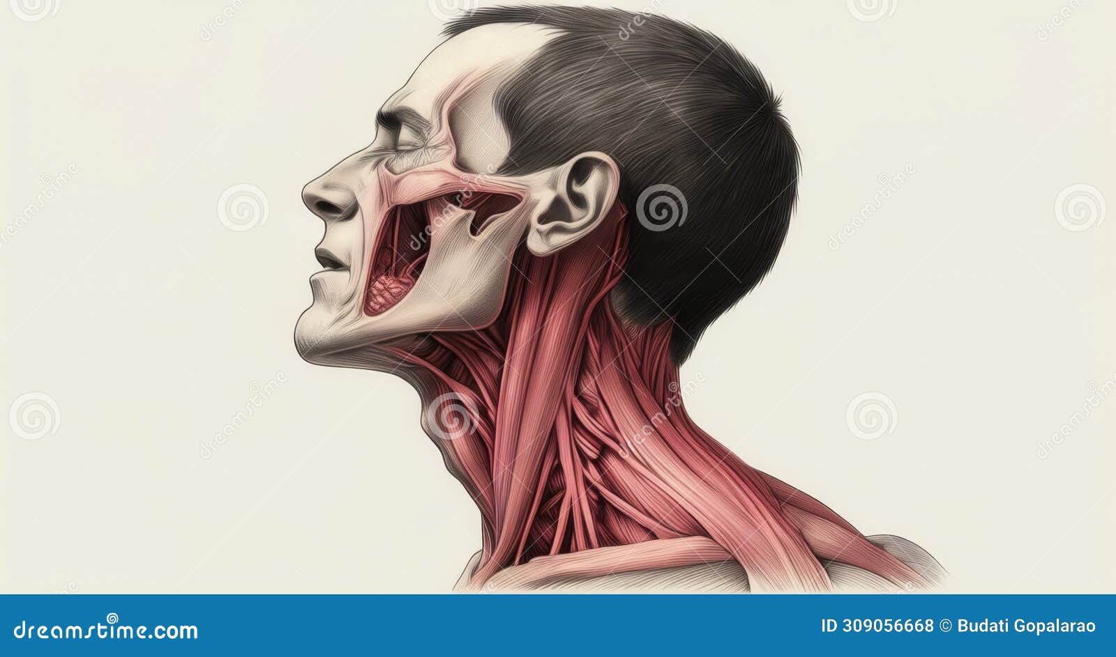 Anatomical Illustration of a Human Head and Neck with Muscles and Bones ...